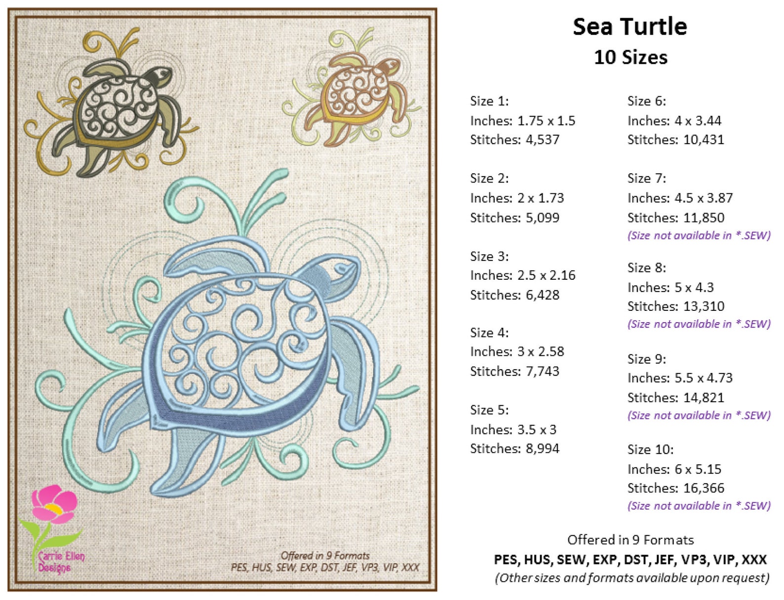 Sea Turtle Embroidery Design Bundle, Turtle Embroidery Design, Machine ...