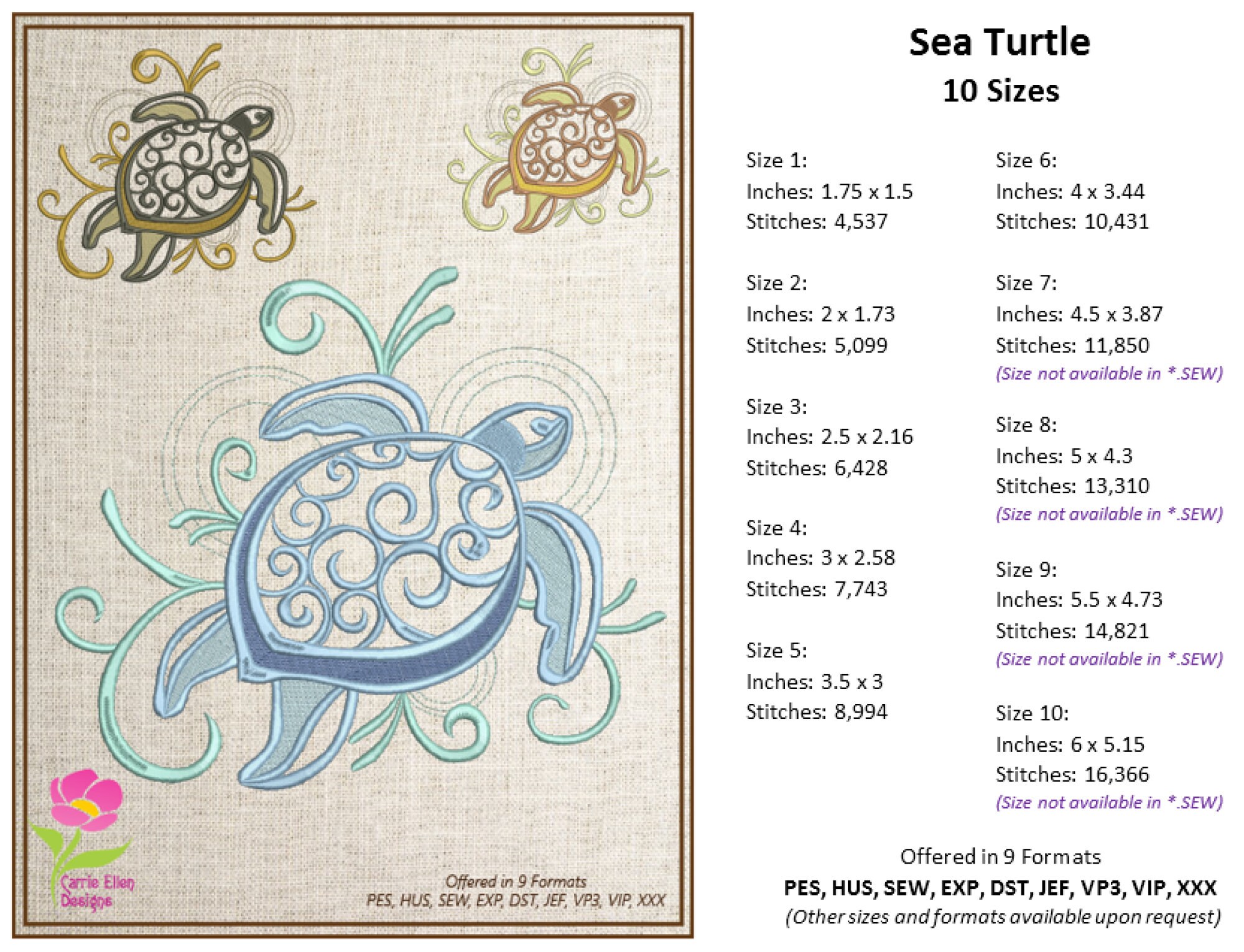 Sea Turtle Embroidery Design Bundle, Turtle Embroidery Design, Machine ...