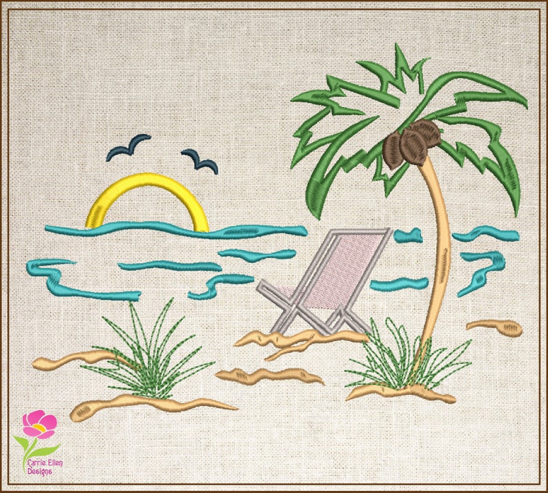 Beach Scene Machine Embroidery Design, Summer Embroidery Design, Beach ...