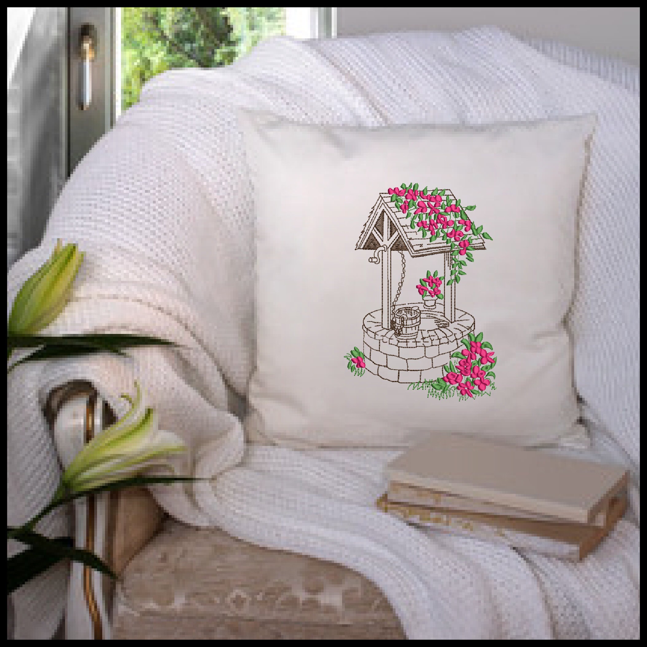 Wishing Well Machine Embroidery Design: Floral Line Art (6 Sizes ...