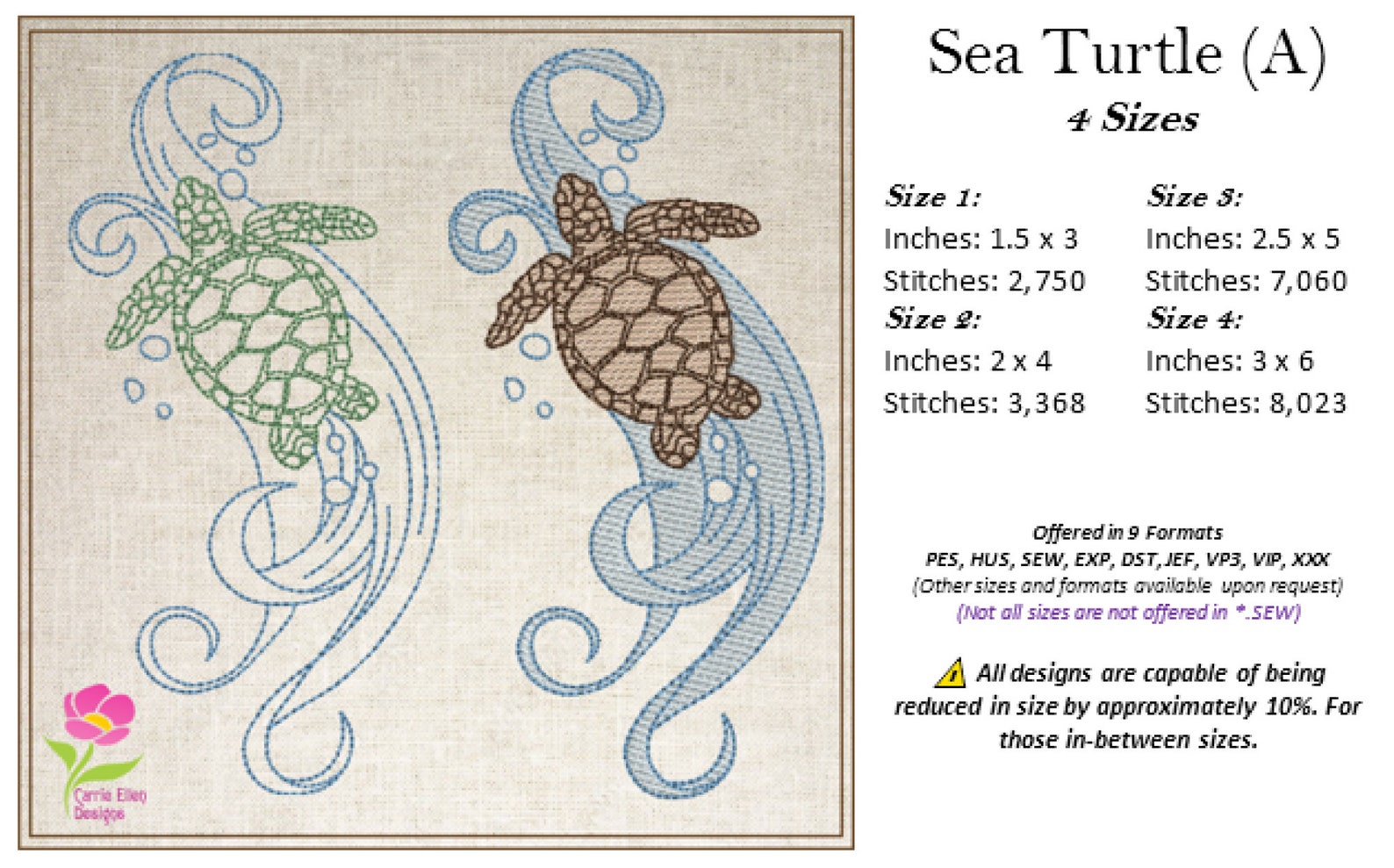 Sea Turtle Machine Embroidery Design Animal Embroidery Ocean | Etsy