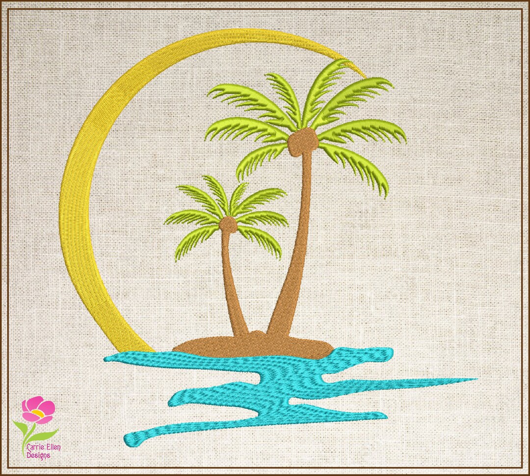 Tropical Island Machine Embroidery Design, Palm Tree Island Embroidery ...