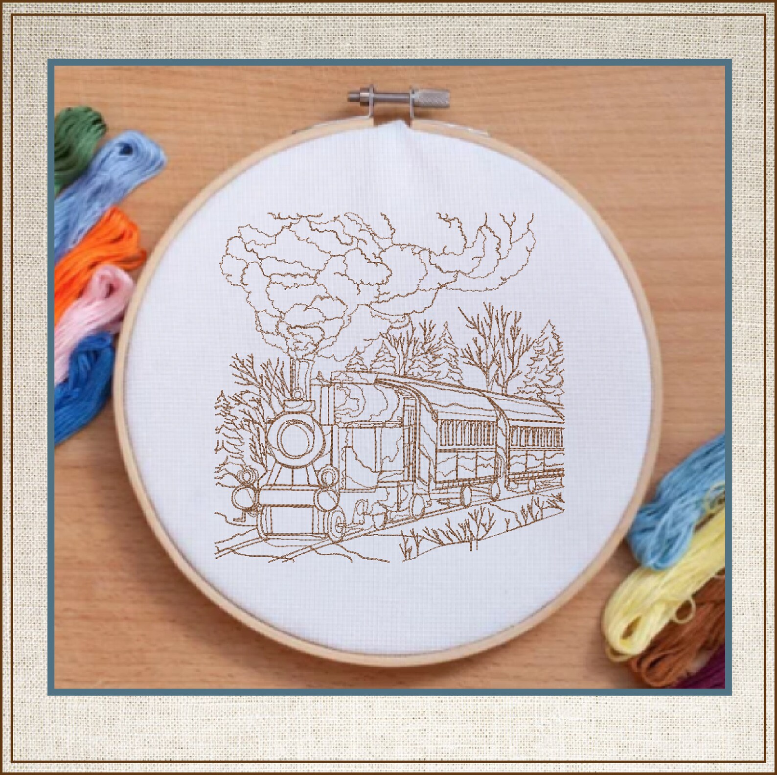 Train Scene Sketch Machine Embroidery Design, Vintage Train Embroidery ...