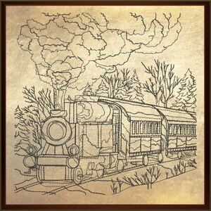 Train Scene Sketch Machine Embroidery Design, Vintage Train Embroidery ...