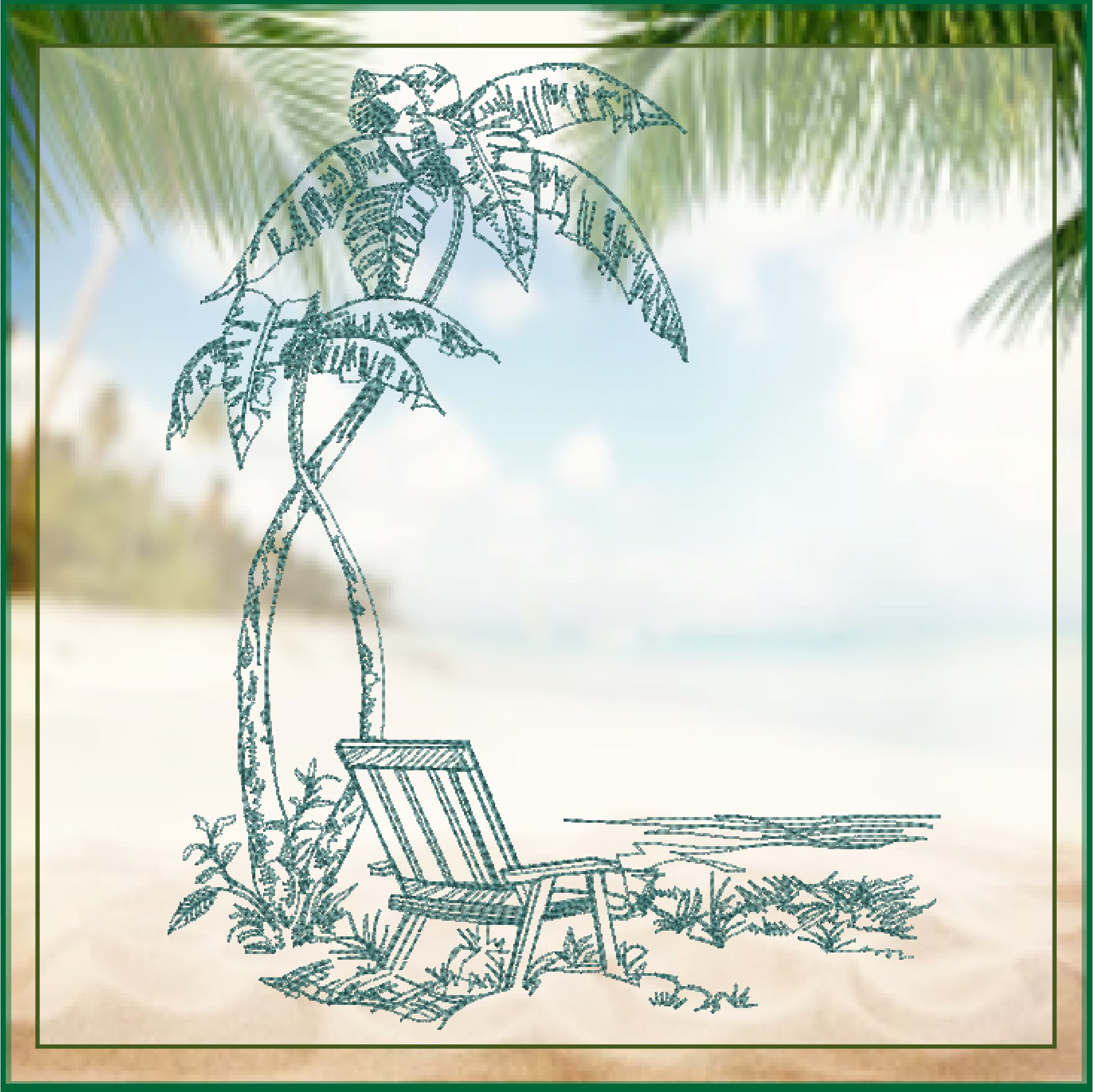 Tropical Beach Scene Machine Embroidery Sketch Design, Summer ...