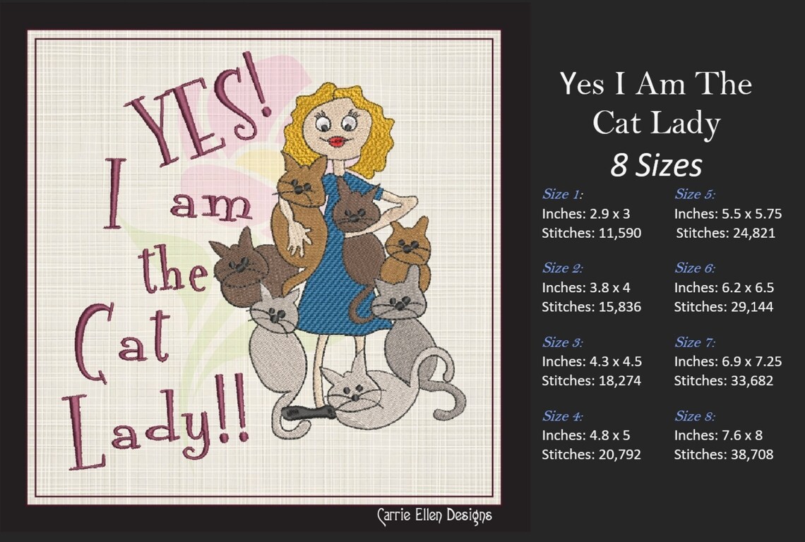 Yes I Am the Cat Lady Embroidery Design Funny Cartoon Saying - Etsy