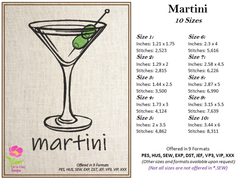 Martini Machine Embroidery Design, Martini With Olives Embroidery ...