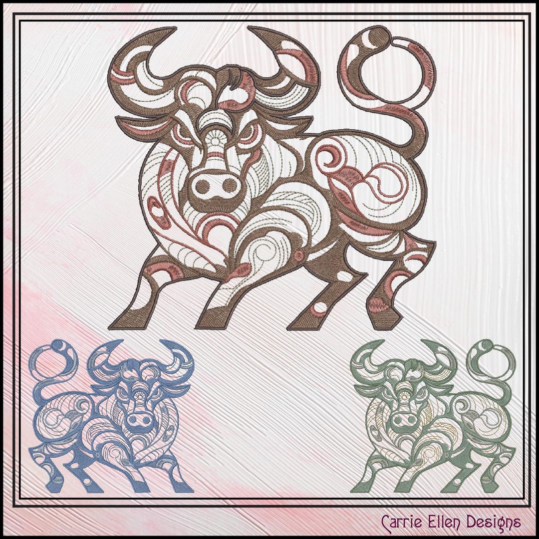 Bull Machine Embroidery Design, Artistic Horned Animal Pattern ...