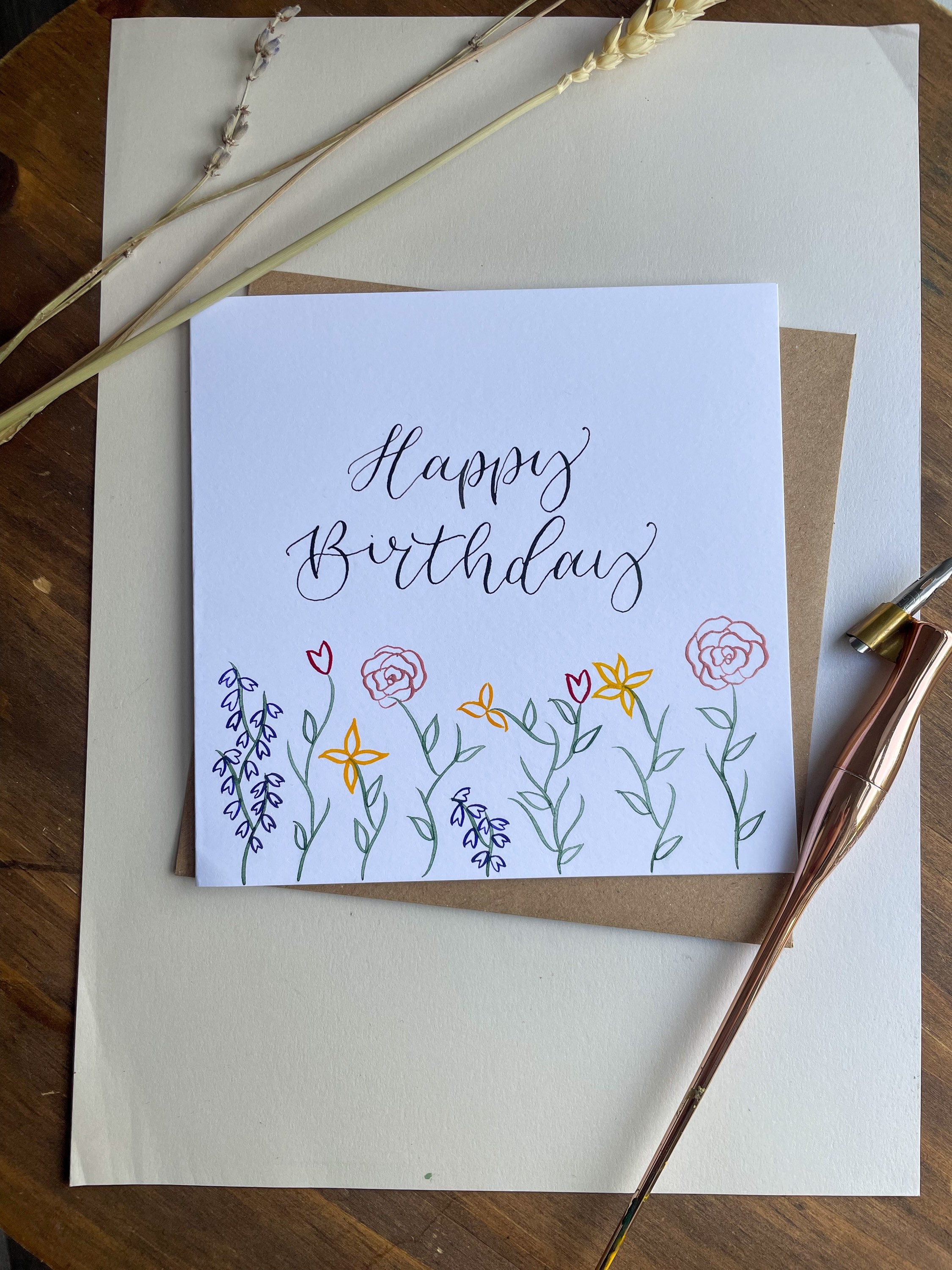 Floral Birthday Card | Hand Drawn Cards | Modern Calligraphy | Birthday ...
