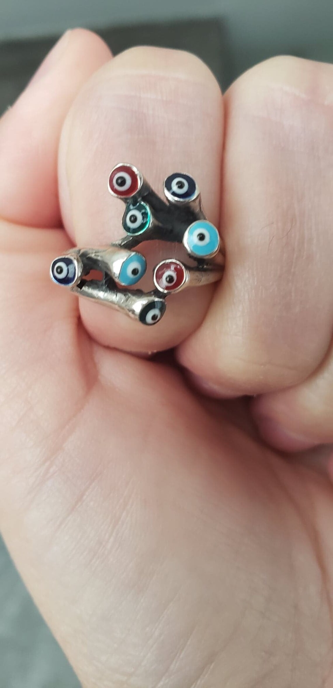 Sterling Silver Ring With Colourful Eyes- Eyes Ring- Adjustable Ring ...