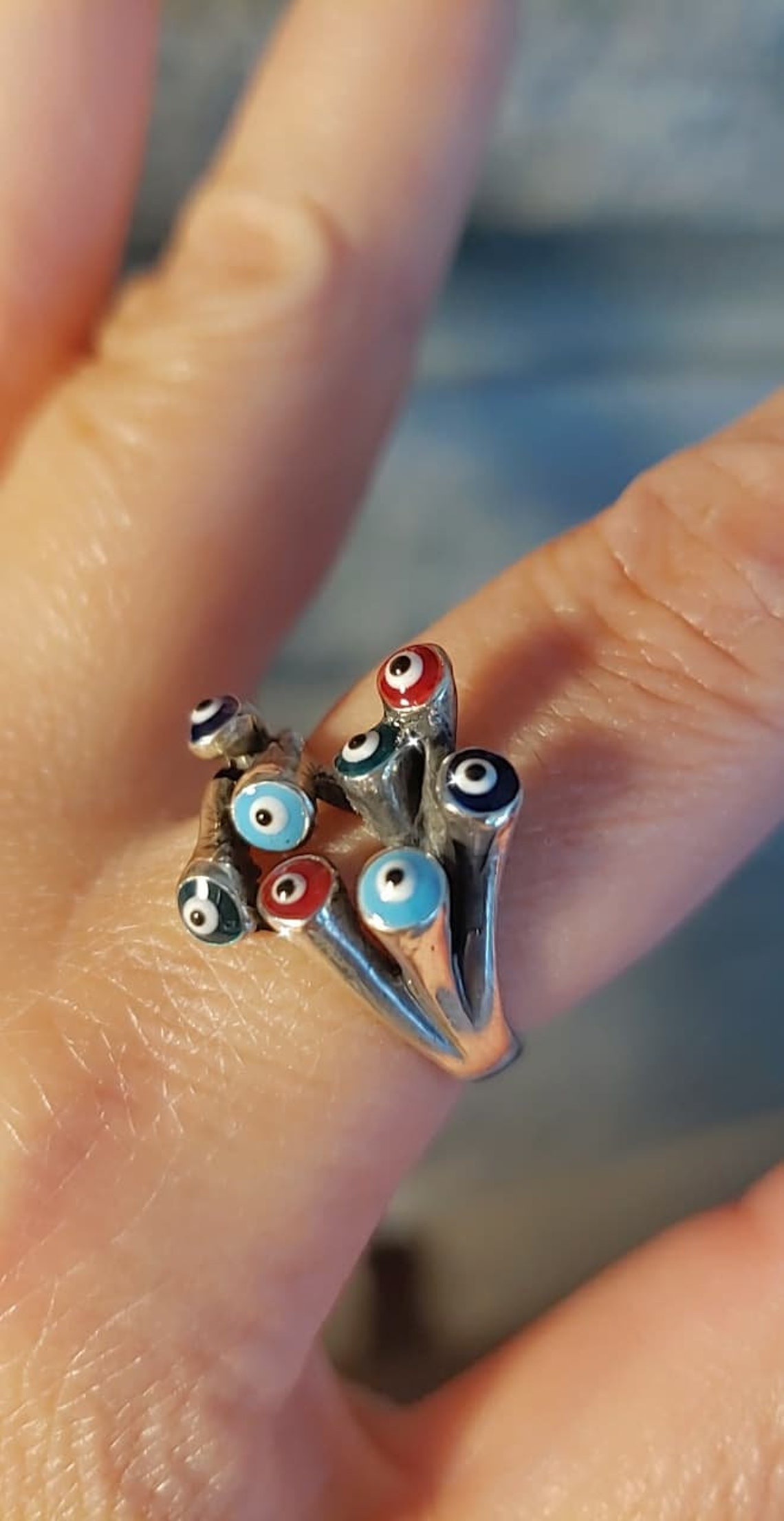 Sterling Silver Ring With Colourful Eyes- Eyes Ring- Adjustable Ring ...