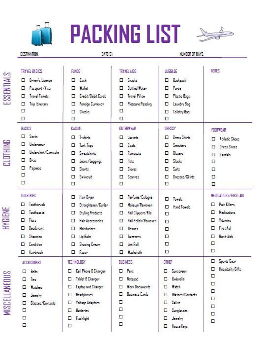 Packing List for Trips Downloadable Travel Packing List - Etsy