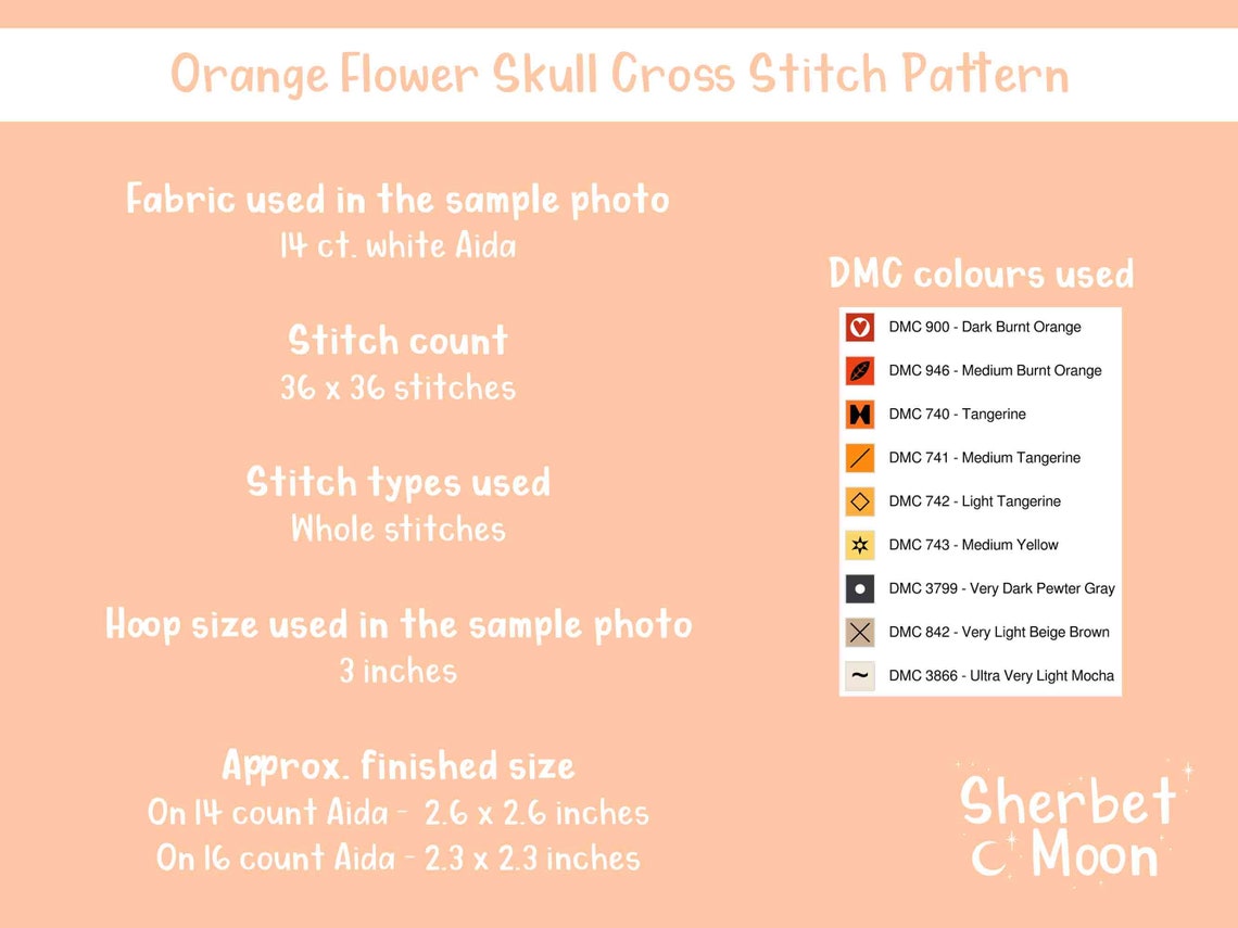 Orange Flower Skull Cross Stitch Pattern: Downloadable PDF Chart - Etsy