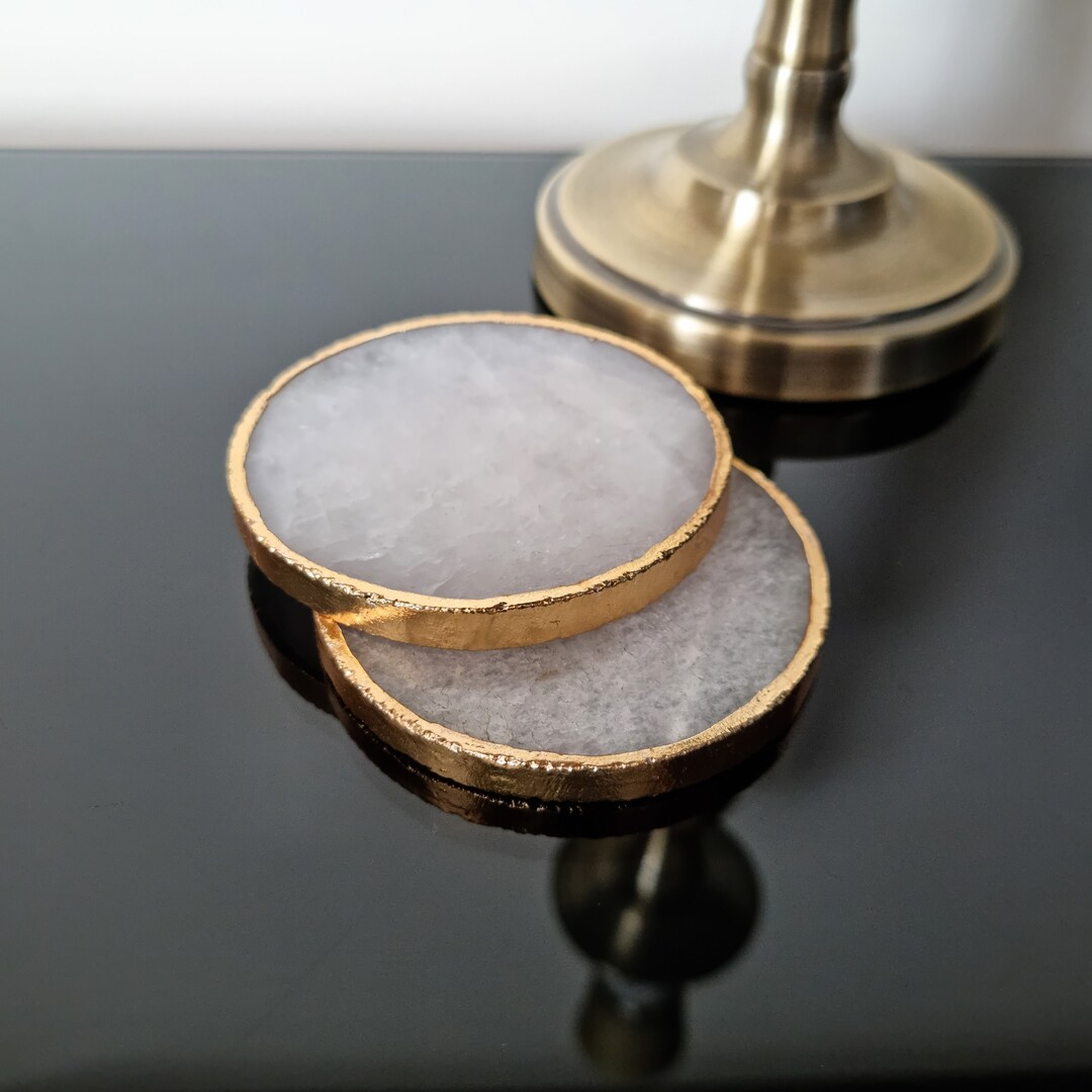 White Quartz Gold Edge Coaster - Etsy UK