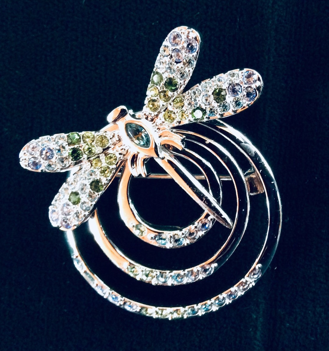 Vintage Swarovski Silver Round Pin With Dragonfly or Blue and Green ...