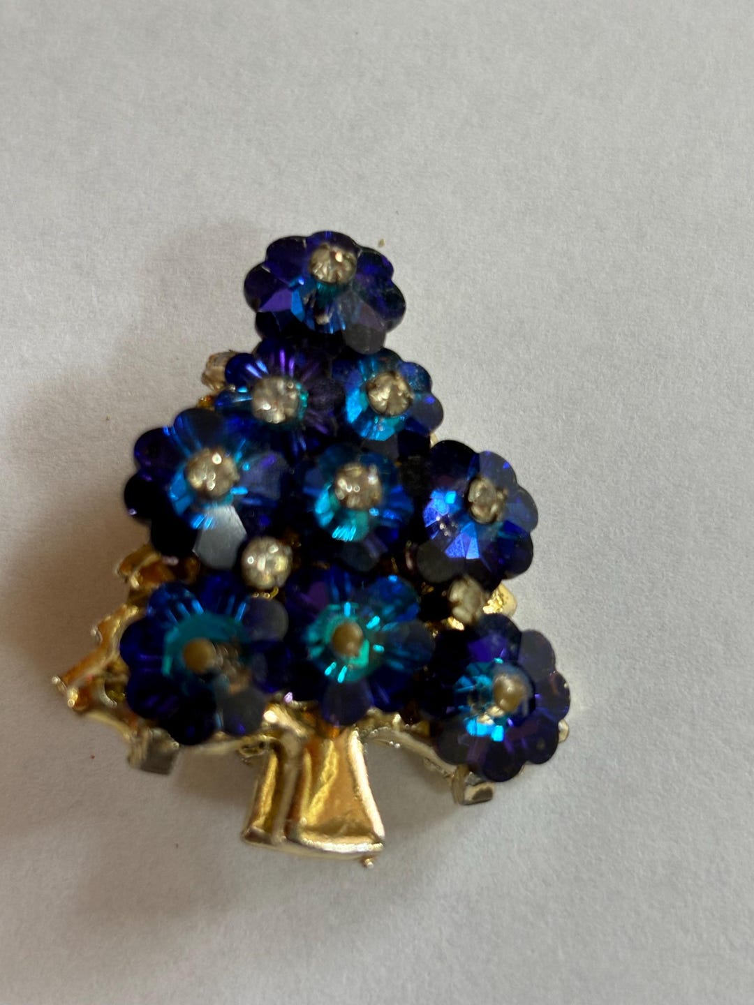 Sparkly Goldtoned Xmas Tree Pin With Blue Stones and Clear Rhinestones ...