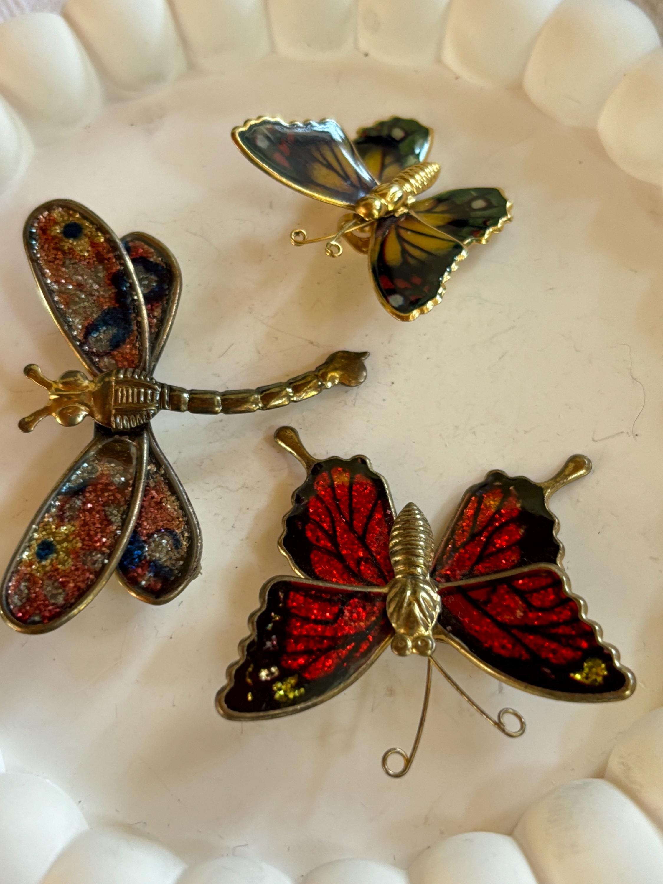 Metal and Enameled Two Butterfly and One Dragonfly Pins - Etsy