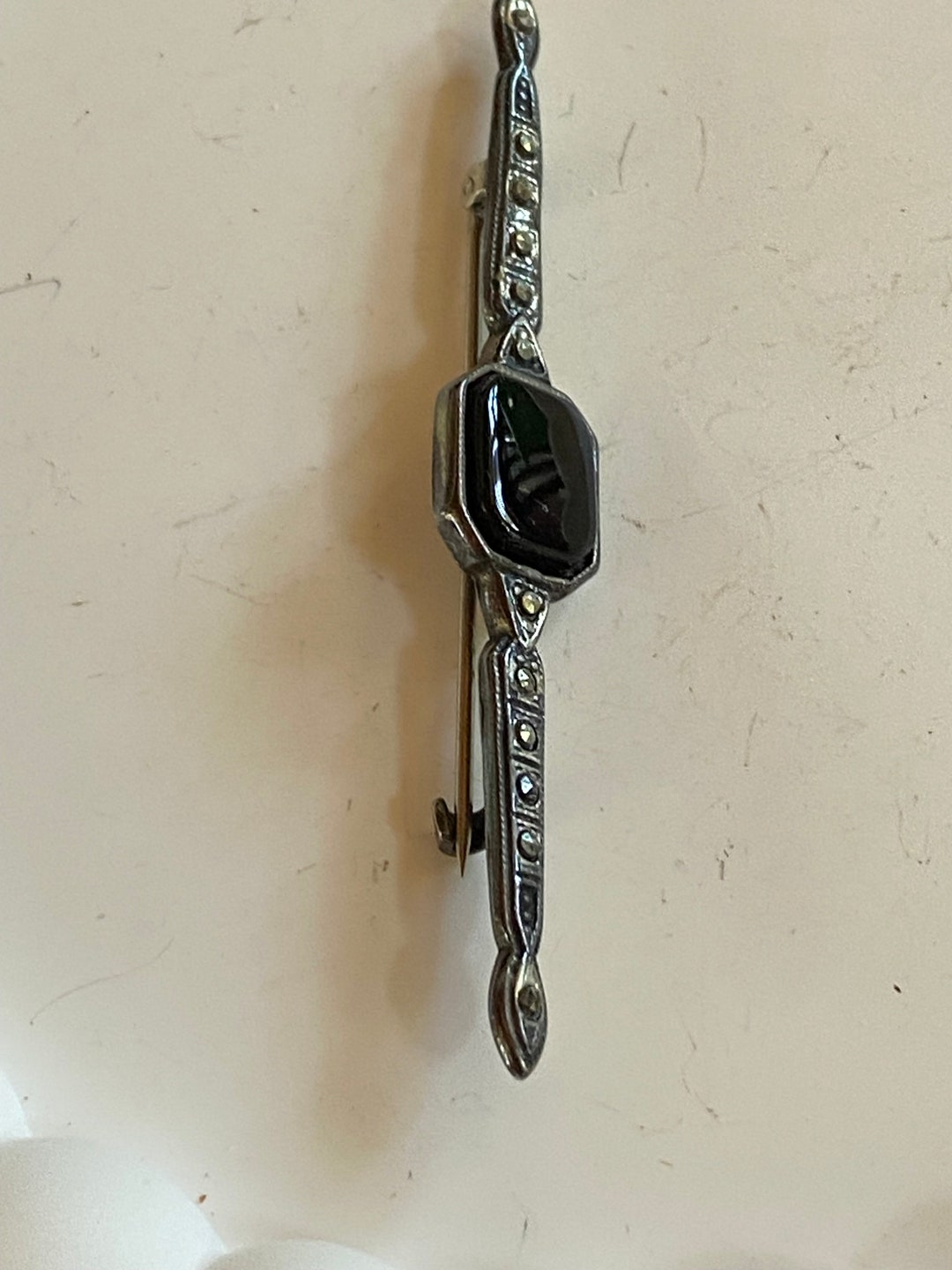 Antique Sterling Silver Bar Pin With Onyx Stone and Small Diamonds - Etsy