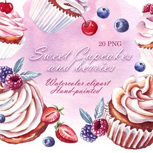 Watercolor Cupcakes Clipart Png, COMMERCIAL USE, Berries, Bakery ...