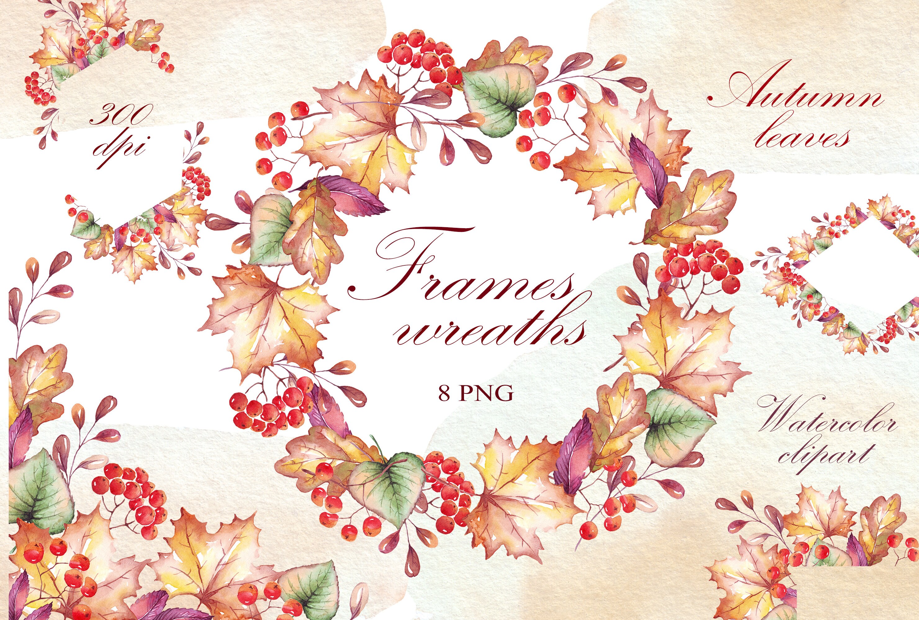 Watercolor Autumn Clipart, Fall Frames Wreath Png, COMMERCIAL USE, Hand ...