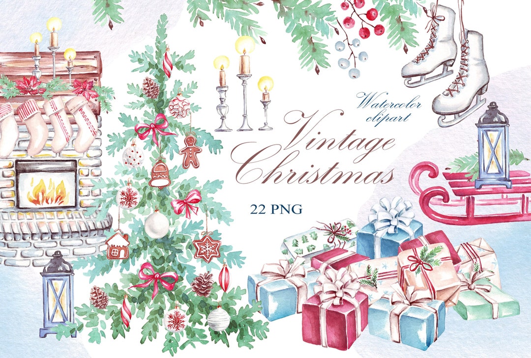 Vintage Christmas Watercolor Clipart, Christmas Tree Png, COMMERCIAL ...