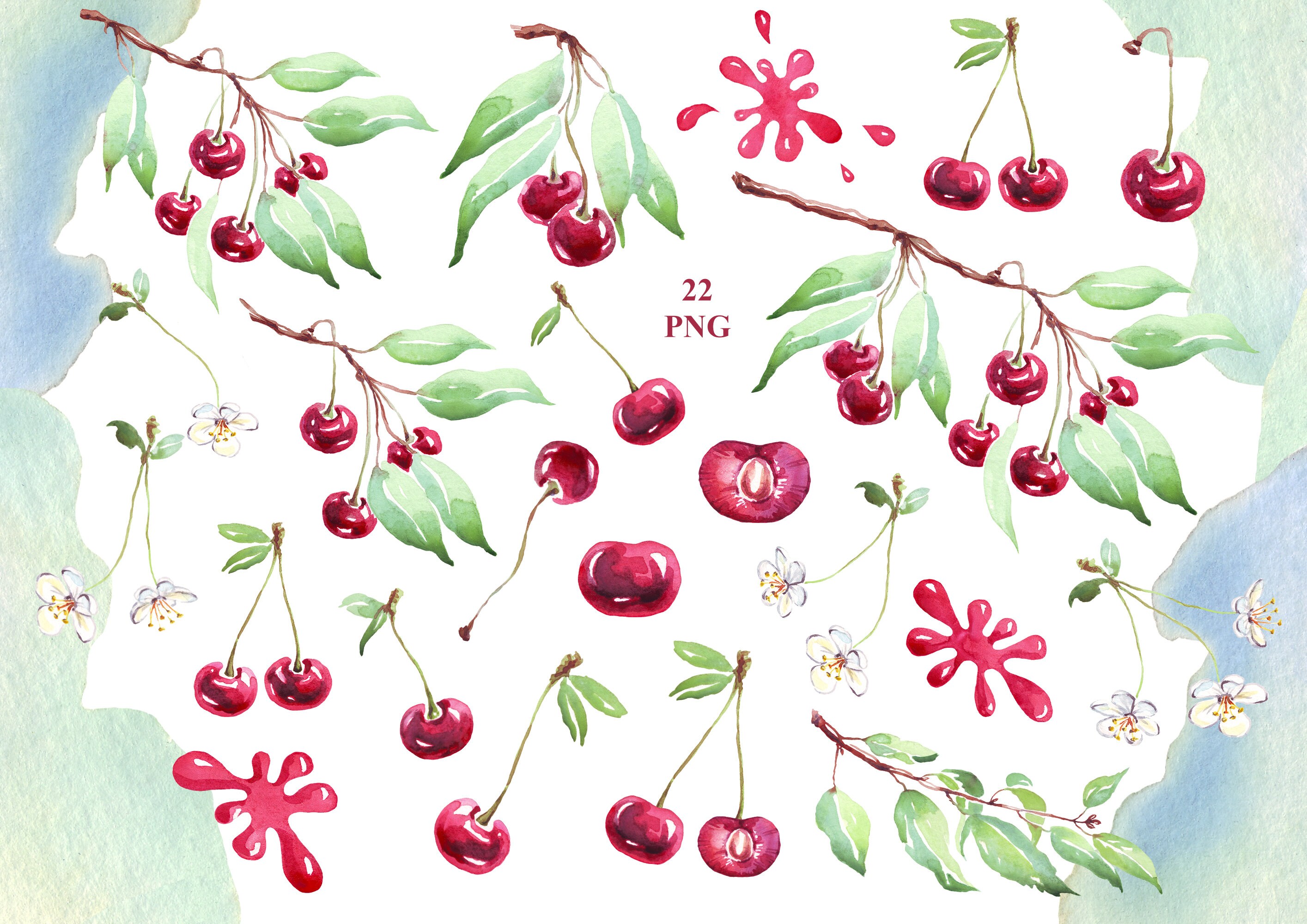 Watercolor Cherry Clipart PNG, Handpainted Bright Summer Fruits, Summer ...