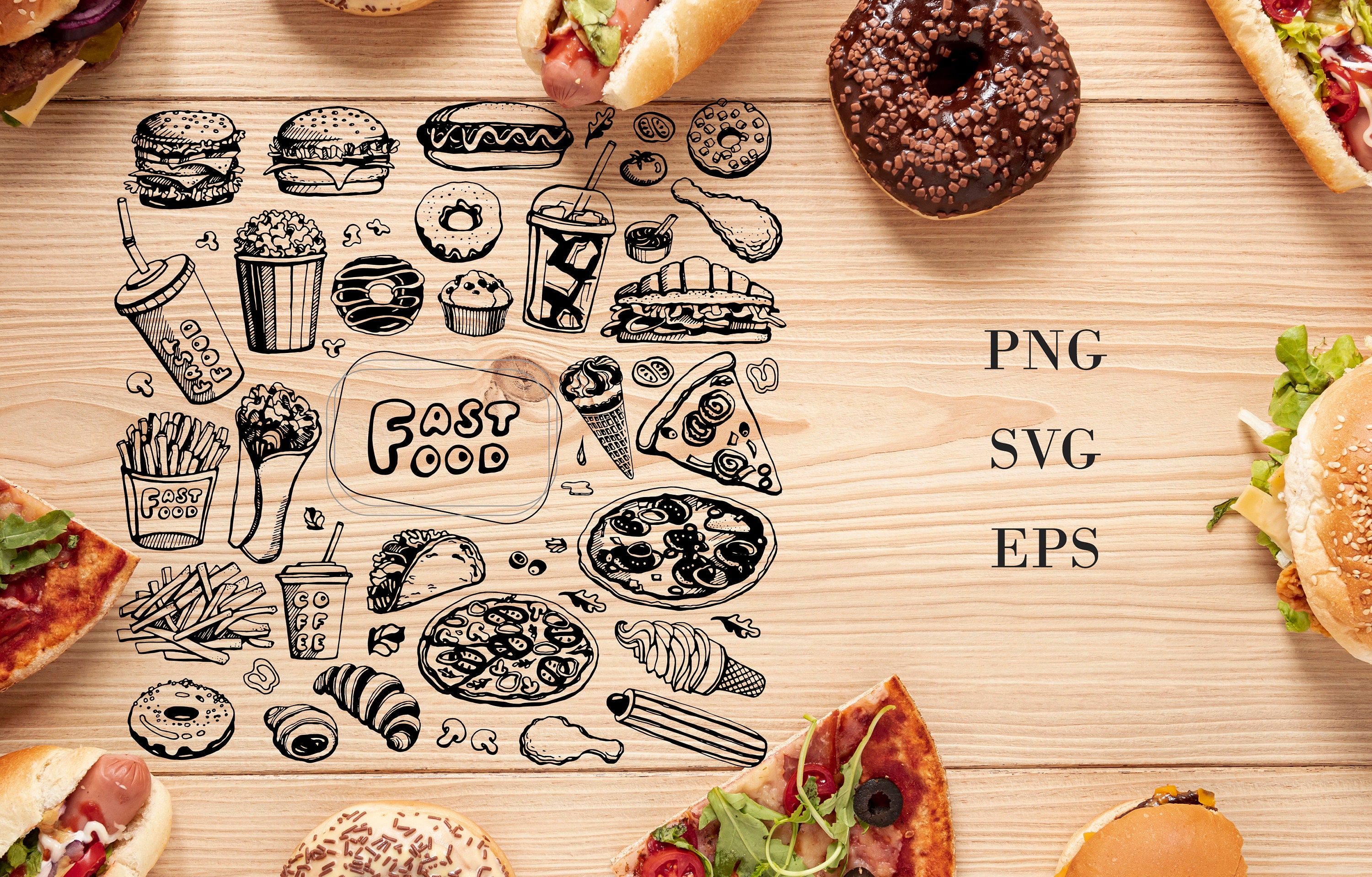 Fast Food Vector Clipart, Digital Png, Clipart Svg, Hand Drawn ...