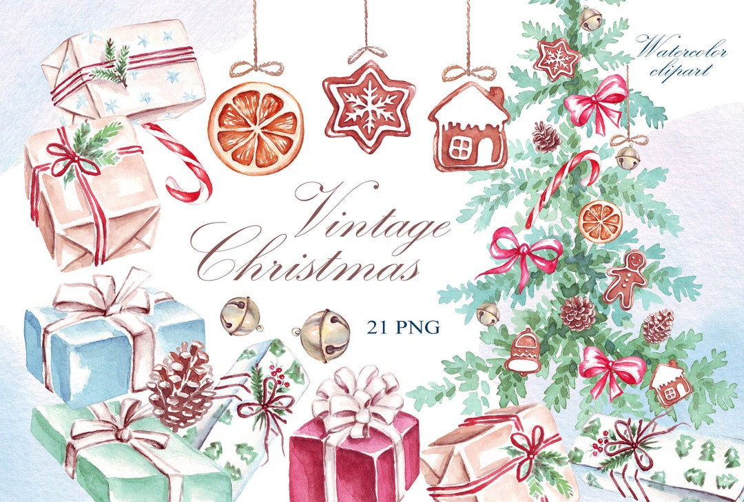 Vintage Christmas Watercolor Clipart, Christmas Tree Decor Png ...