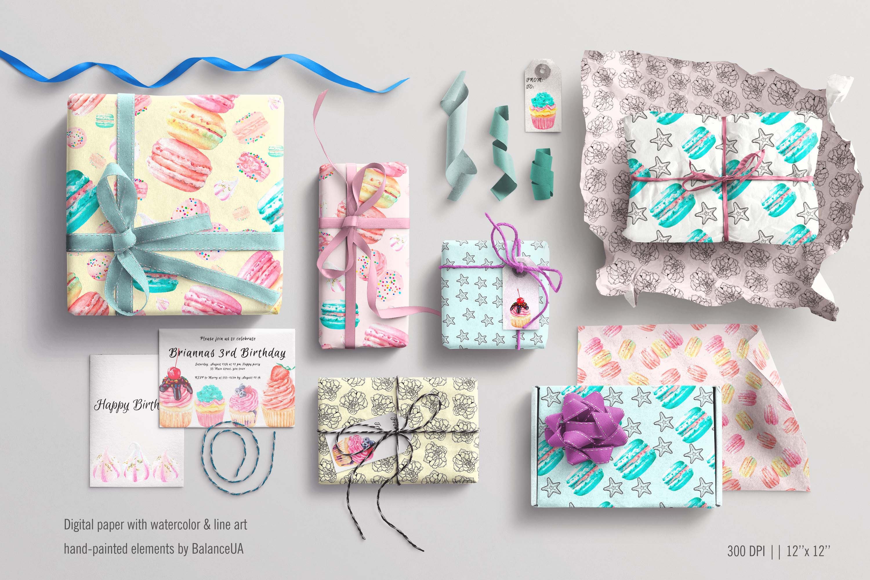 Watercolor Digital Paper Pack 12''x12'', Birthday Digital Paper ...