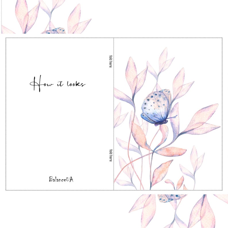 Butterfly & Leaves, Watercolor Printable Card, Size 10x7 5x7 When ...