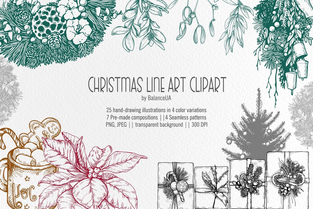 Christmas Line Art Clipart, Winter Clipart, Christmas Symbols, Color ...