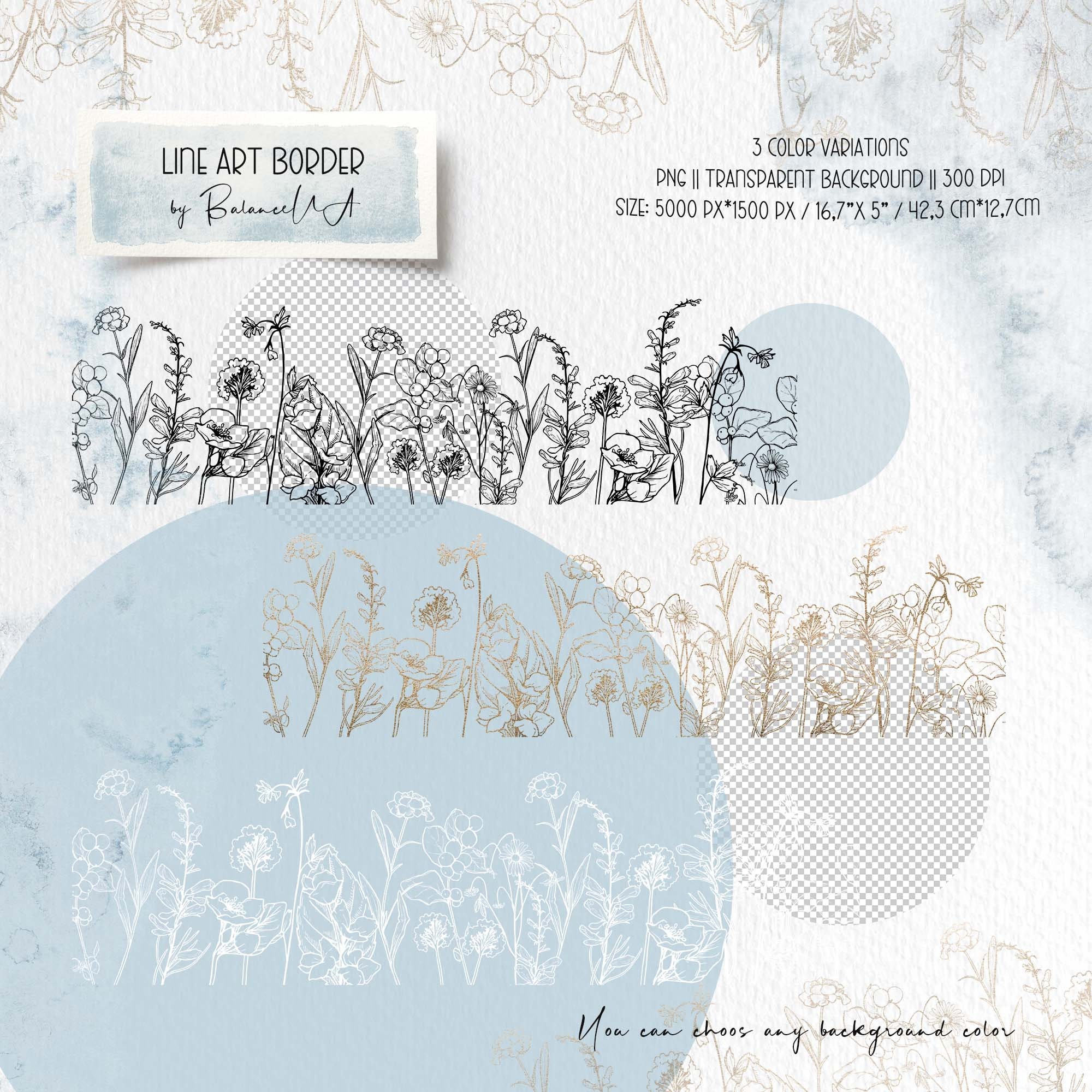 Floral Border, Line Art Seamless Border, Botanical Border, Line Art ...