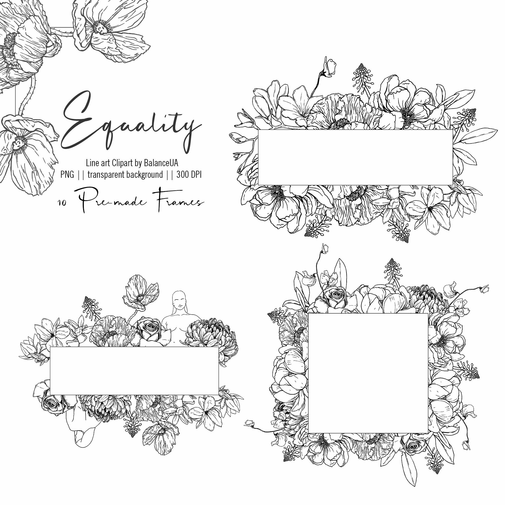 Line Art Frames Clipart, Equality Clipart, Floral Line Art, Flowers PNG ...