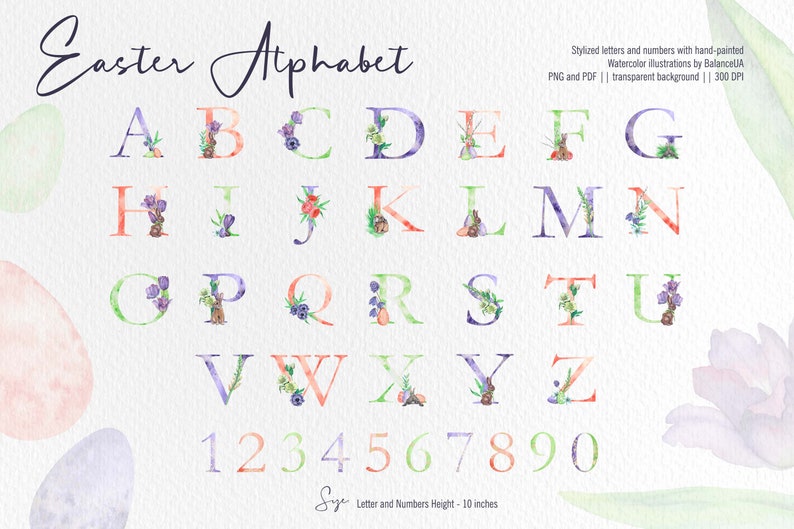 Easter Alphabet, Watercolor Clipart, Stylized Alphabet, Easter Letters ...