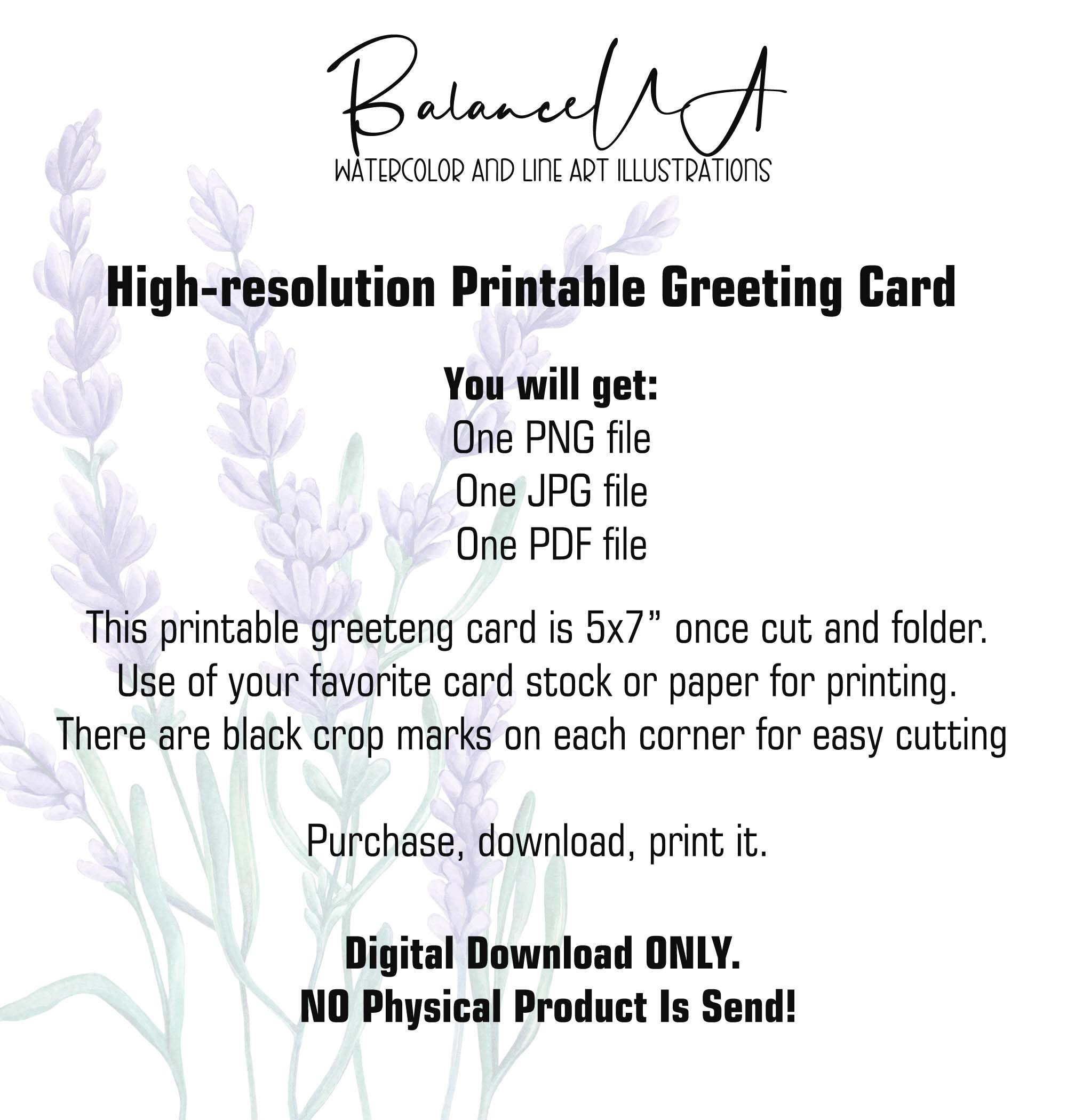 Lavender Watercolor Printable Card, Size 10x7" (5x7" When Folded ...