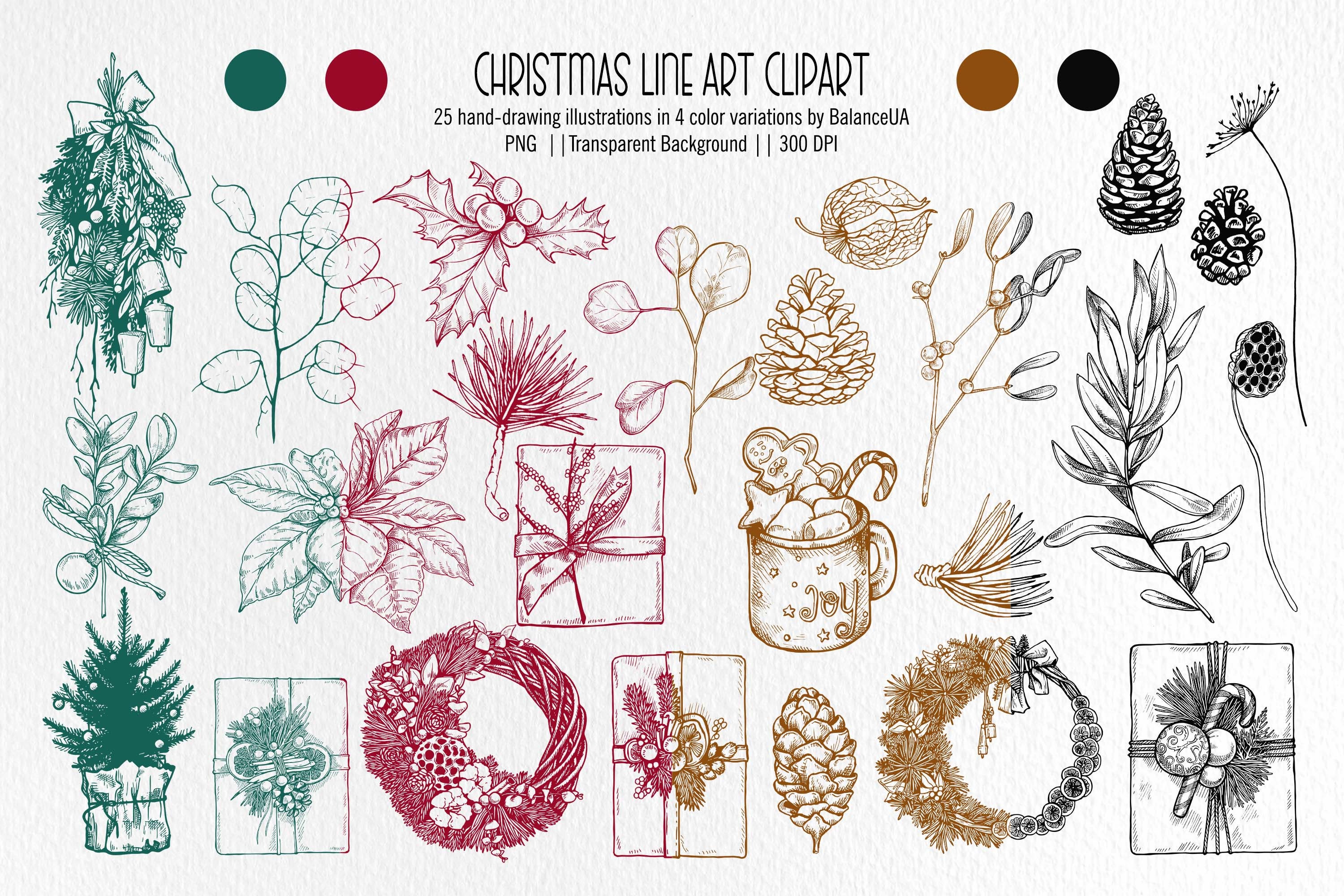 Christmas Line Art Clipart, Winter Clipart, Christmas Symbols, Color ...