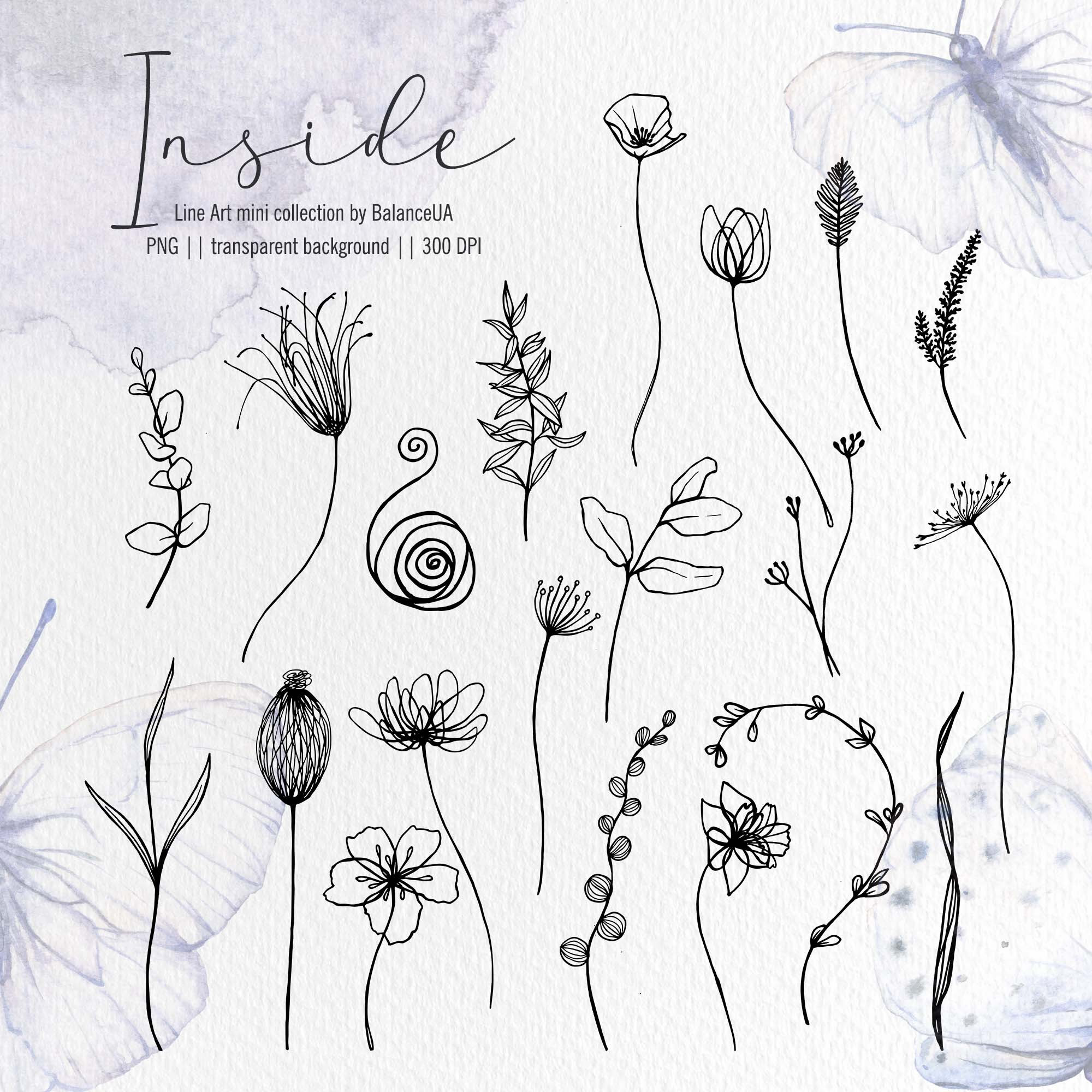 Floral Line Art Clipart, Minimalist Clipart, Line Art Flower, Floral ...