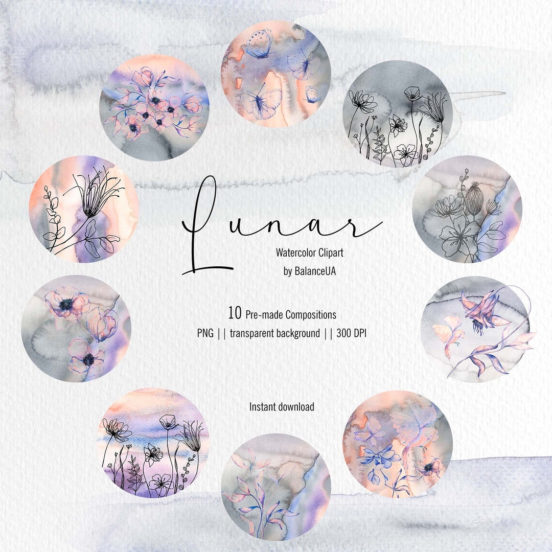 Lunar Watercolor Clipart, Floral Compositions, Moon Clipart, Watercolor ...