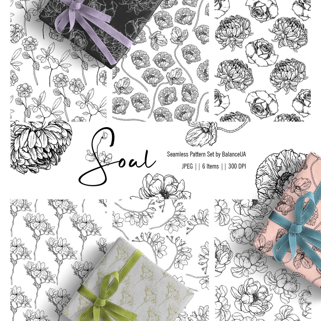 Line Art Digital Paper Pack 12''x12'', Seamless Pattern, Botanical Line ...