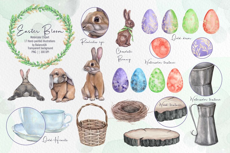 Easter Watercolor Clipart, Easter Eggs Clipart, Easter Bunny Clipart ...