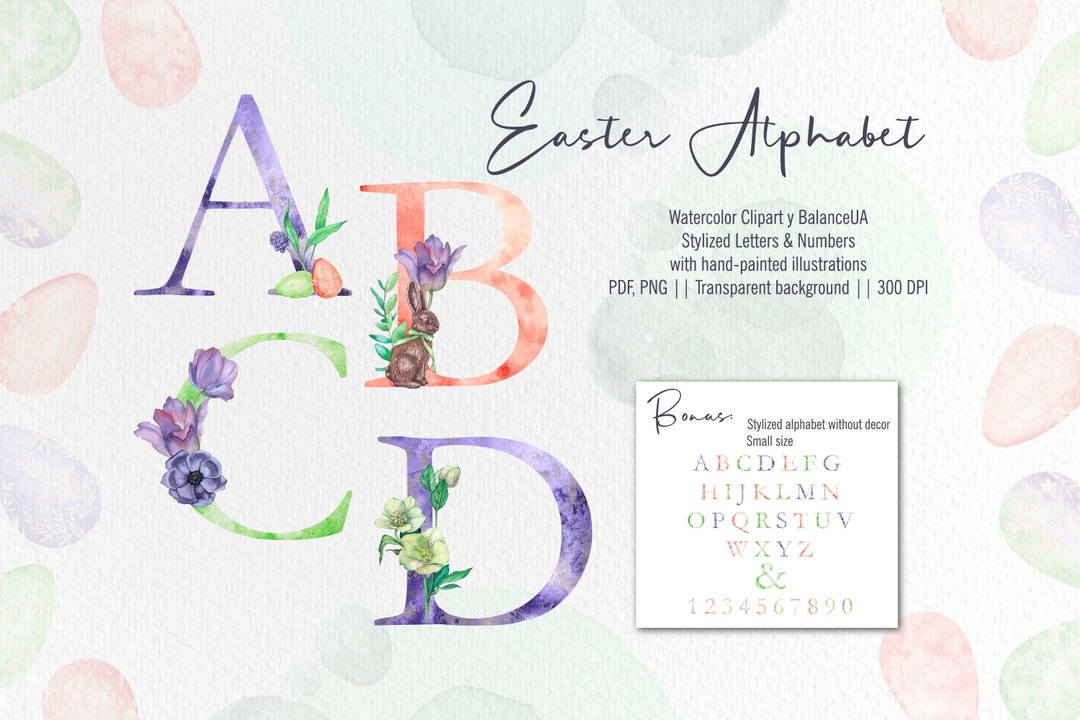 Easter Alphabet, Watercolor Clipart, Stylized Alphabet, Easter Letters ...