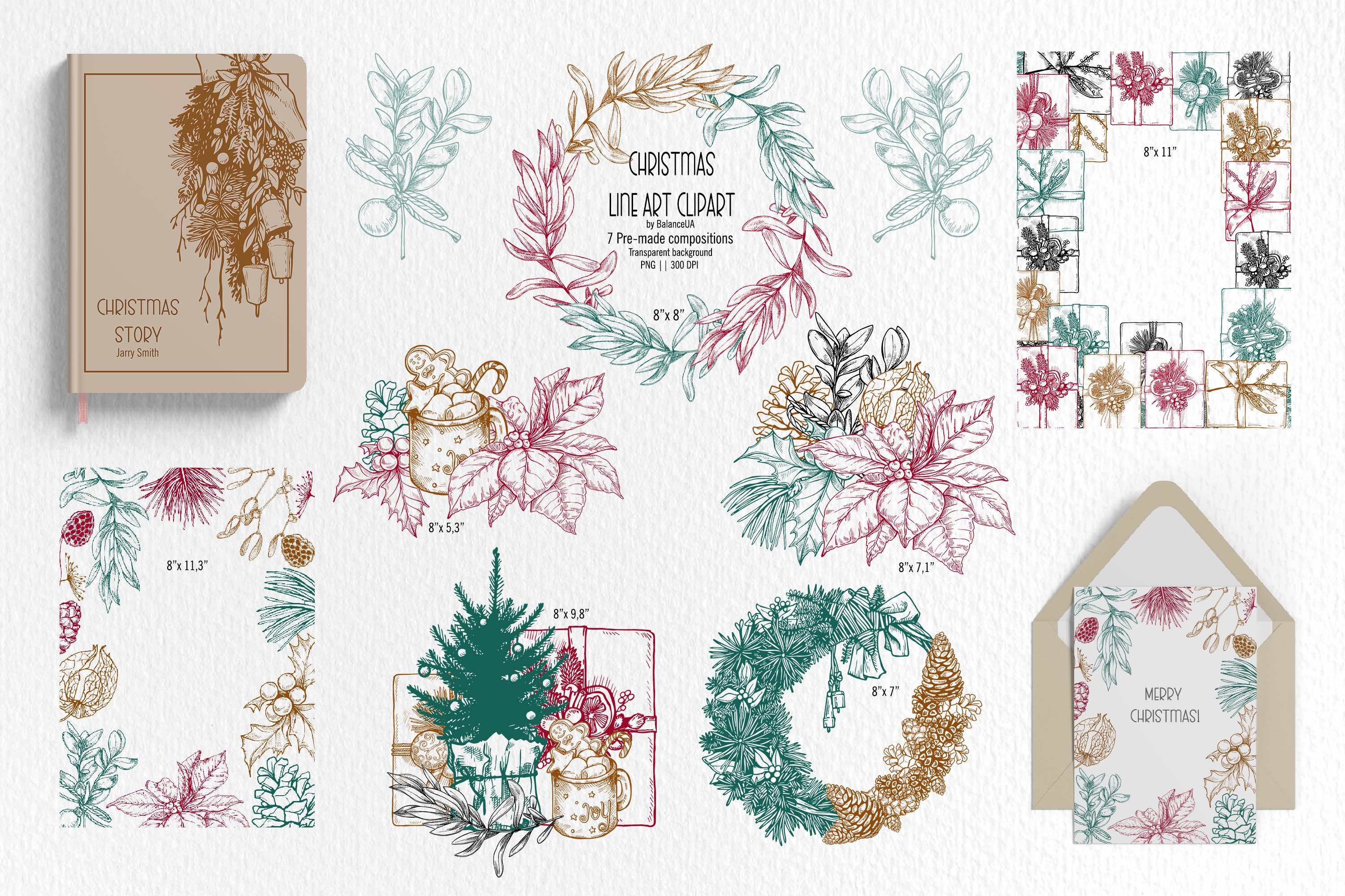 Christmas Line Art Clipart, Winter Clipart, Christmas Symbols, Color ...