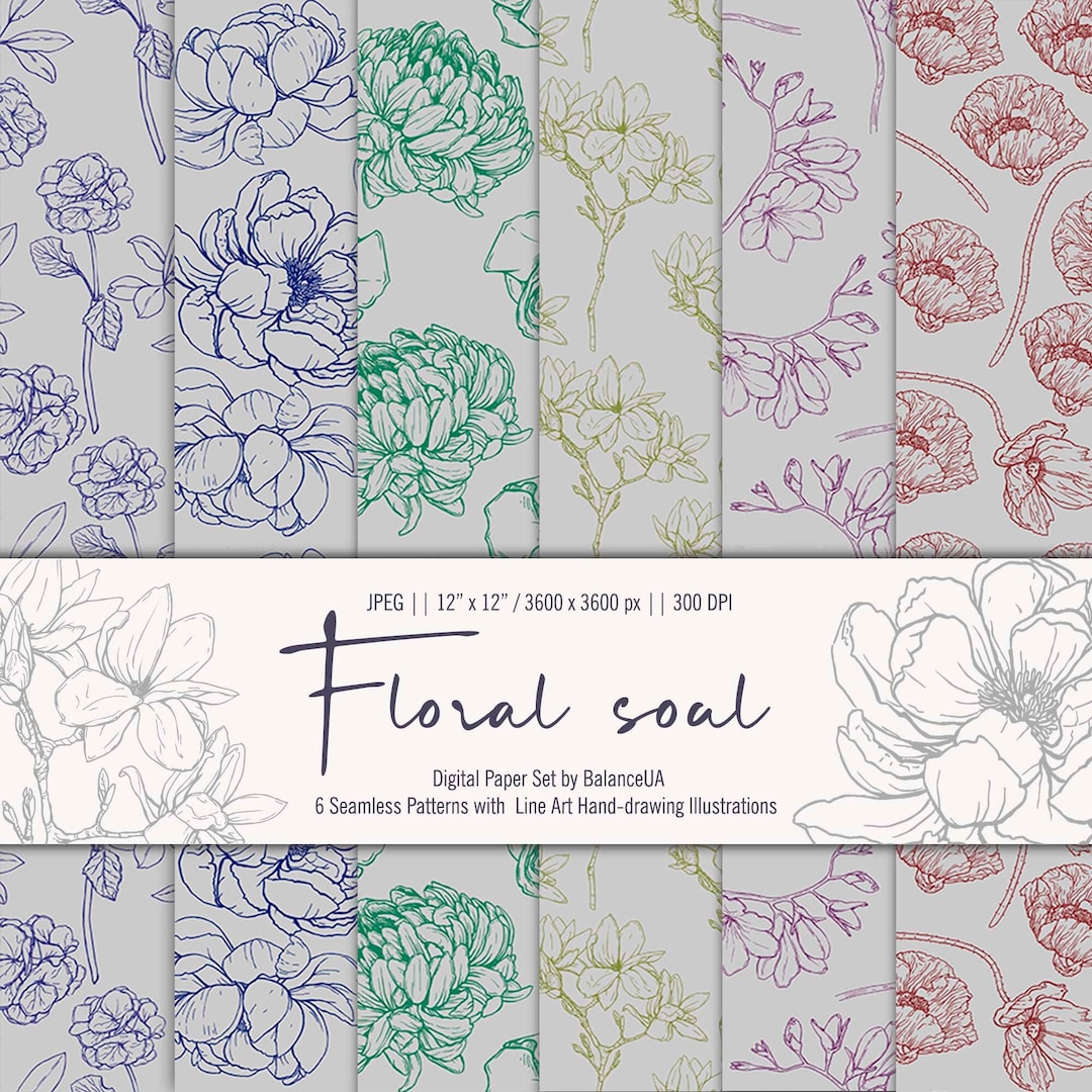 Line Art Digital Paper Pack 12''x12'', Floral Digital Paper, Digital ...