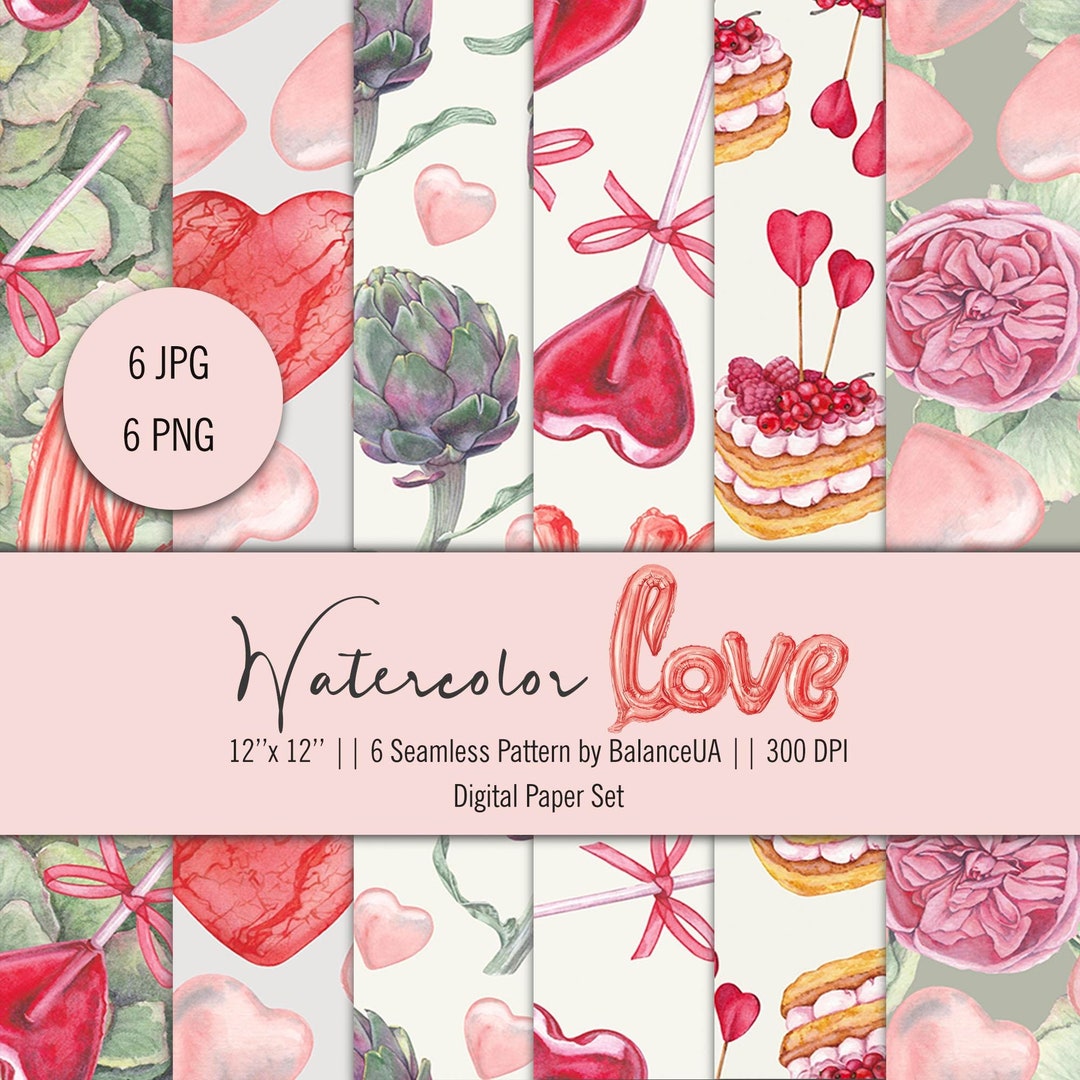 Valentins Day Digital Paper Set, Watercolor Illustrations, Seamless ...