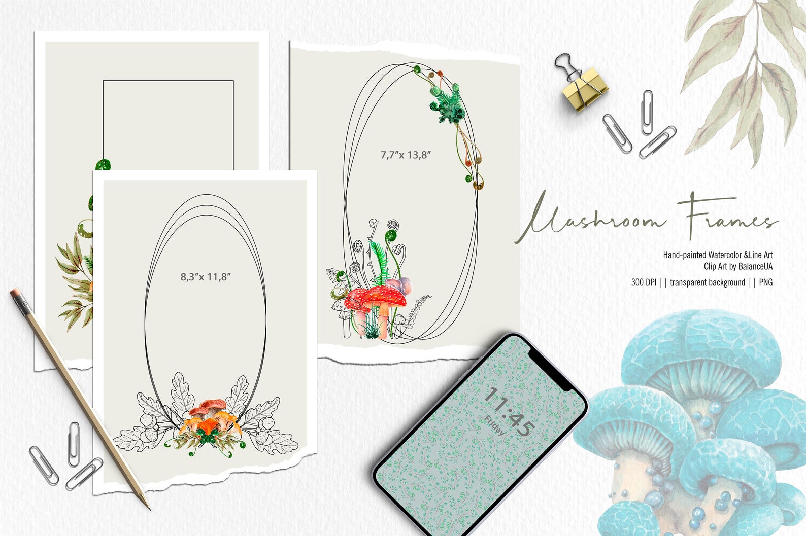 Watercolor Frames Clipart, Botanical Clipart, Herbs Clipart, Mushrooms ...