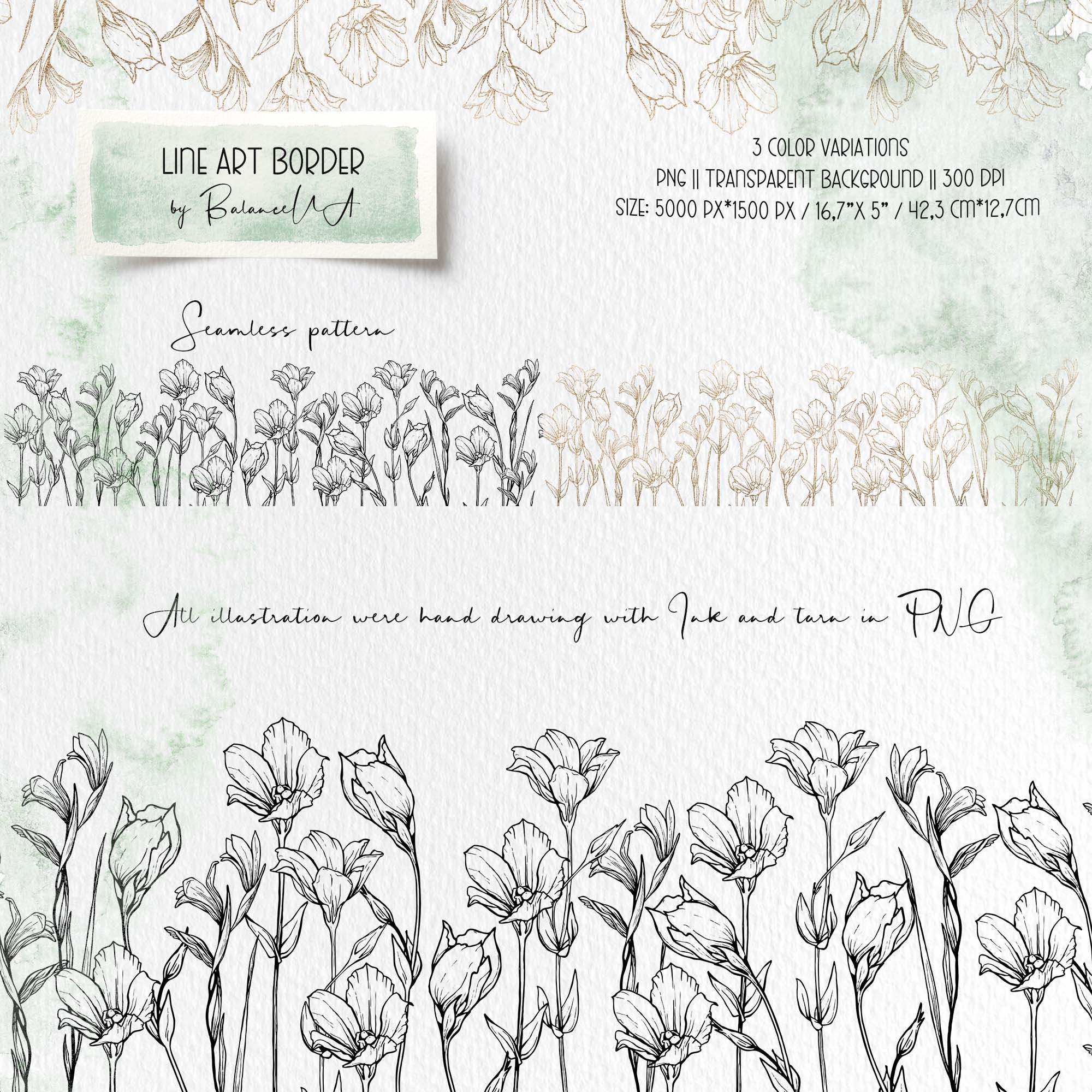 Floral Border, Line Art Seamless Border, Botanical Border, Line Art ...