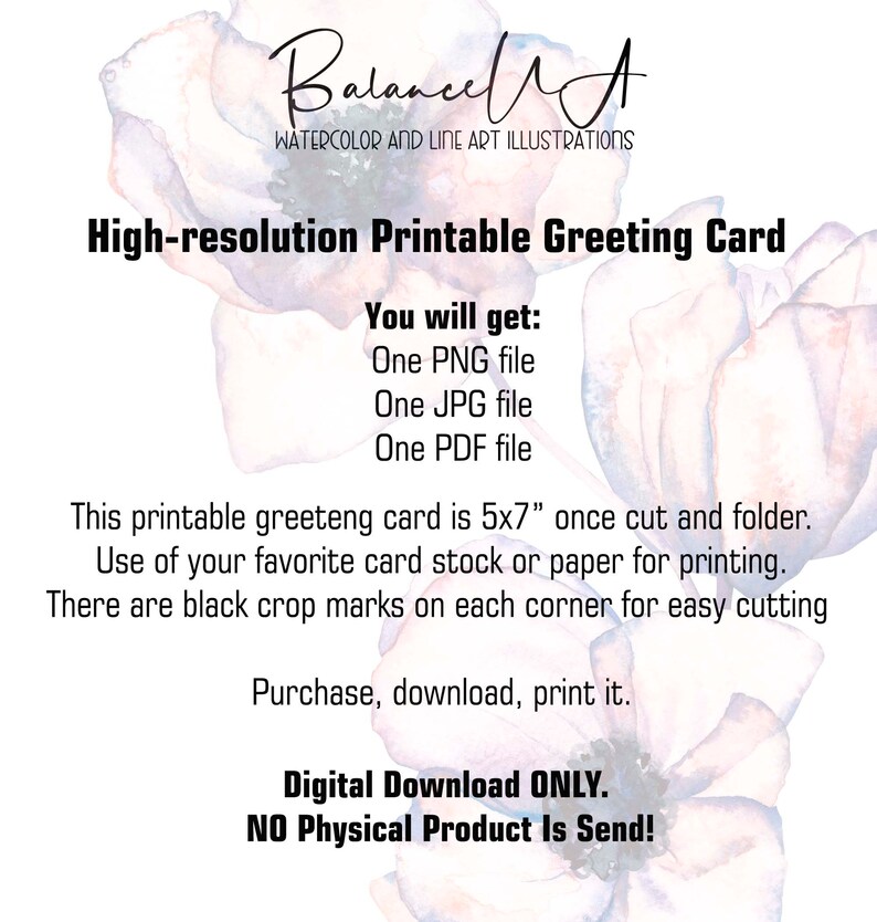 Flowers Watercolor Printable Card Size 10x7 5x7 - Etsy