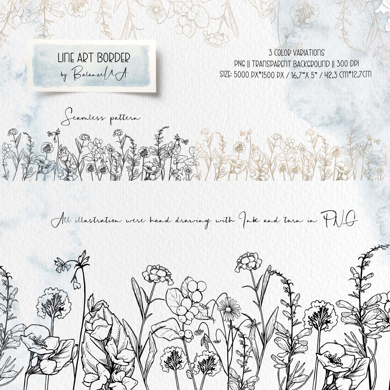 Floral Border, Line Art Seamless Border, Botanical Border, Line Art ...