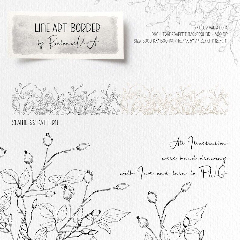 Floral Border, Line Art Seamless Border, Botanical Border, Line Art ...