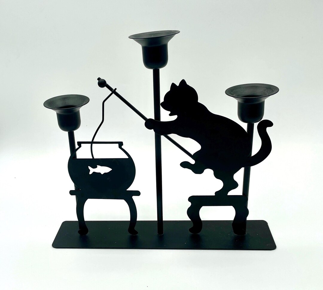 Black Cat Fishing Candle Holder Metal Fishing in Fishbowl for Three ...